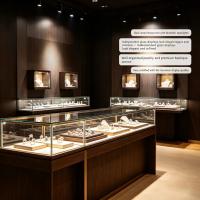 China Gold Glass Jewelry Shop Design with Calacatta Marble Top and Interactive Digital Displays for Modern Jewelry Store Layout for sale