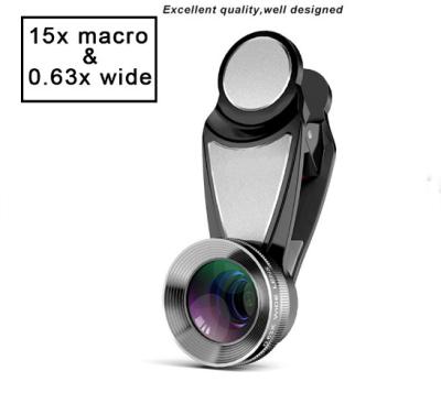China new products 2 in 1 Clip-on Lens Kit HD 100 degree 0.63x Wide Angle 15X Macro Mobile Phone Camera Lens For android phone for sale