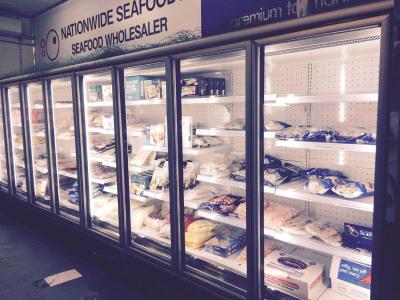 China Vertical Glass Door Multideck Display Fridge Cabinets Ultra Low Front For Sausages for sale