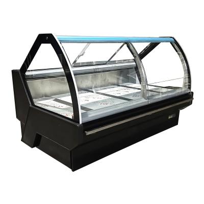China Refrigerated Serve-Over Display Counter Featuring Lift-Up Front Curved Glass Door for sale