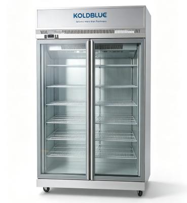 China Top Lightbox With Frameless Glazed Glass Swing Door Display Cabinet For Supermarket for sale