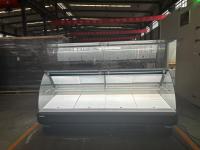 China Curved Glass Door Fresh Meat Case with Back Storage Cabinet and Inside Second Glass Shelf for sale