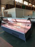 China Curved Glass Door Fresh Meat Case with Back Storage Cabinet and Inside Second Glass Shelf for sale