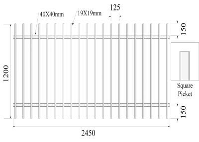 China Hercules Fenbcing Panels Height 1200mm x Width 2450mm 2 Rails 40mm Upright 19mm Square Picket for sale