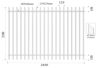 China 45' mitred picket 25mm x 25mm upright 40mm 2100mmx2450mm security garrison fencing panels for sale