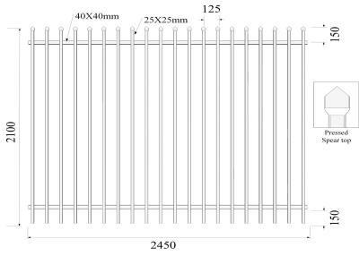China Crimped Press Spear Garrison Fencing Panels 2.1mx2.45m Upright 25mm x 1.6mm 40mm Rails for sale