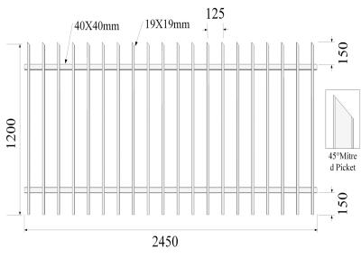 China H1200mmxW2450mm Hercules Fence Panels 45 mitred Picket 19mm*19mm Rail 40mmx40mm x 2 for sale
