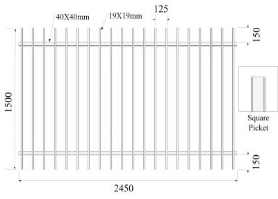 China Square Picket 19x19mm 2 rails 40mmx40mm x 1.6mm H1500mmxW2450mm Hercules Fencing for sale