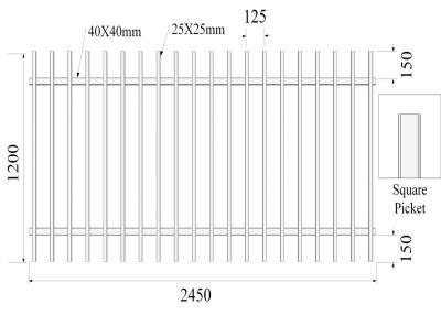 China Square picket 25mm x 25mm 2 rail 40mmx40mm x 1.5mm H1200mmXW2450mm Hercules Fence for sale