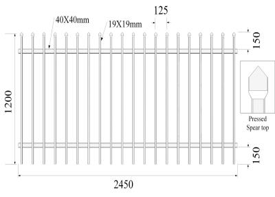 China Press Spear Top 19mmx19mm 2 Rails x 40mm H1200mmxW2450mm Hercules Fencing for sale