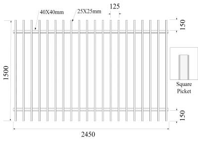 China Square picket 25mm x 25mm H1500mmxW2450mm Hercules Fencing Panels Rail 40mmx40mm Spacing 110mm for sale