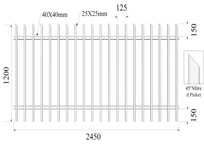 China 45-degree mitred picket 25mmx25mm 2 Rails 40mmx1.60mm H1200mmxW2450mm Hercules Fencing for sale