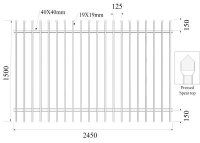 China Pressed Top Spear H1500mmxW2450mm Rail 40mmx2 Picket 19mmx19mm Hercules Fencing for sale