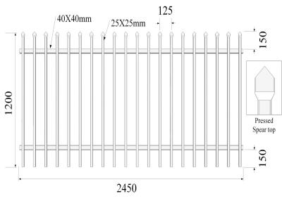 China Top Crimped PRESSED Spear 25mmx25mm Picket 2 rails SHS40mm H1200mmxW2450mm Hercules Fence Panels for sale