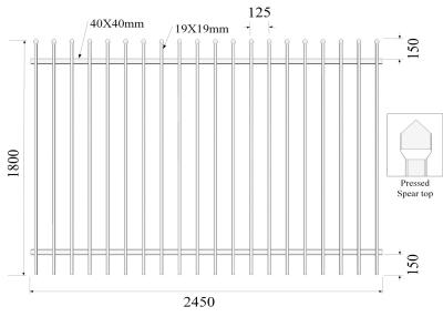 China Crimped /pressed Spear Diplomat fence Panels H1800mm*W2450mm 19mm upright Picket Stain black powder for sale