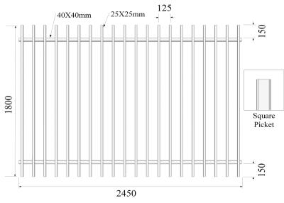 China Square Picket 25mmx25mm Diplomat Fencing H1800mmxW2400mm Rails 40mm x 2 Powder coated Black for sale