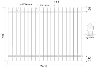 China Crimped Spear Picket Garrison Fencing Panels 2.1mtr x 2.45m Rails 40mm 19mmx19mm picket spacing 100mm for sale