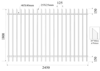 China Mitred 45 degree H1800mmxW2450mm 25mm picket diplomat Fencing rails 40mm for sale