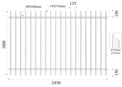 China 45 degree mitred Picket 19mmx19mm H1800mmxW2450mm Rail 40mm x 2 Black Powder Coated Diplomat Fence for sale
