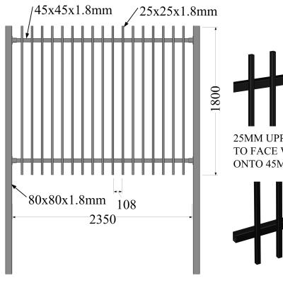 China Flat top & bottom security tubular steel fencing 25mm x 25mm upright picket for sale