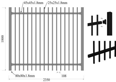 China Interpon polyester caoted steel garrison fencing panels dimension 1800mm height x 2400mm width rails 2 xRHS 40mm x 1.6mm for sale