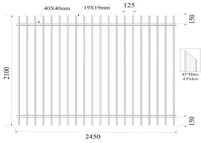 China 45 degree mitred picket upright 19mmx19mm 2100mm x 2450mm rails SHS40mm Garrison Fencing for sale