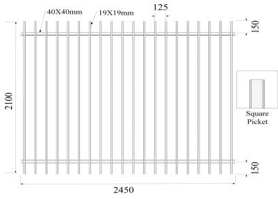 China Square Picket 19mm x 19mm Upright 2100mmx2450mm height 2 rails 40mmSHS powder coated black Garrison Fencing Panels for sale