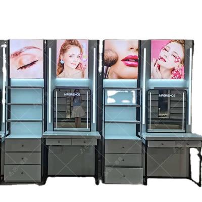 China Layered Cosmetic Display Stand with Customizable Layers and Double-Sided Mirror for sale