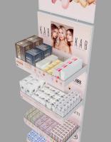 China Double-sided Modern Cosmetics Display Stand with Poster and Wheels for sale