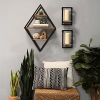 China 3 Tiers Metal Wooden Diamond MDF E1 Wall Floating Square Shelves for Stylish Display for sale