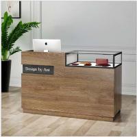 China Retailer Shops Modern Wood MDF Checkout Reception Desk with Glass Box Checkout Counter for sale