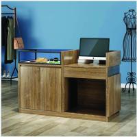 China Retailer Shops Modern Wood MDF Checkout Reception Desk with Glass Box Checkout Counter for sale