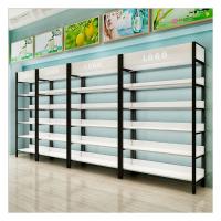 China Convenience Retail Store Modern Wooden LED Light Display Stand with Shelves and Cabinets for sale
