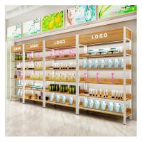 China Convenience Retail Store Modern Wooden LED Light Display Stand with Shelves and Cabinets for sale