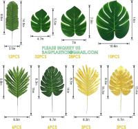 China Palm Leaves Artificial Tropical Monstera-84Pcs 6 Kinds Large Small Green Fake Palm Leaf with Stems for Safari Jungle for sale