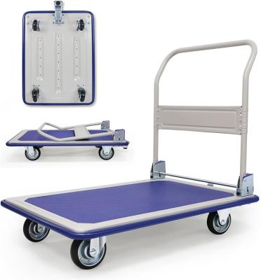 China Folding Steel Trolley Platform Handtruck Brake Heavy Industrial Flatbed Truck Logistics Warehouse Handling for sale