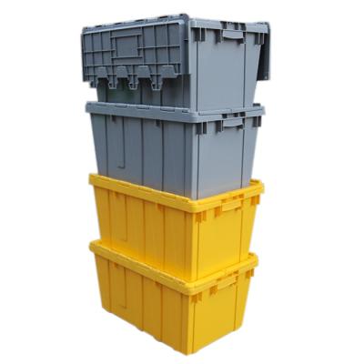 China Flip Top Tote, Heavy Duty Nestable Plastic Round Trip Totes Storage Box Container In Blue Yellow Red Green Color for sale