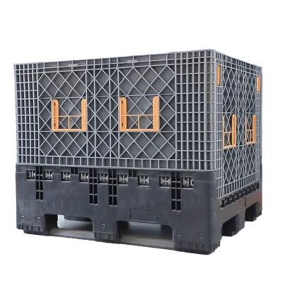 China HDPE Solid Plastic Box Packaging Plastic Pallet Bulk Container With Wheel Heavy Duty 4 Way Entry Solid Storage Stackable Pallet Boxs With Wheels for sale