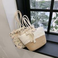 China New Large Straw Raffia Handbag For Women 2 Colors Casual Beach Bag Handmade Crocheted Wicker With Open Closure Chain Decoration for sale