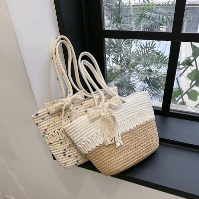 China New Large Straw Raffia Handbag For Women 2 Colors Casual Beach Bag Handmade Crocheted Wicker With Open Closure Chain Decoration for sale