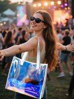 China Shiny Plastic Shopping PVC Bag Laser Transparent Holographic Iridescent Womens Beach Fashion Tote Bag With Custom Printed Logo for sale