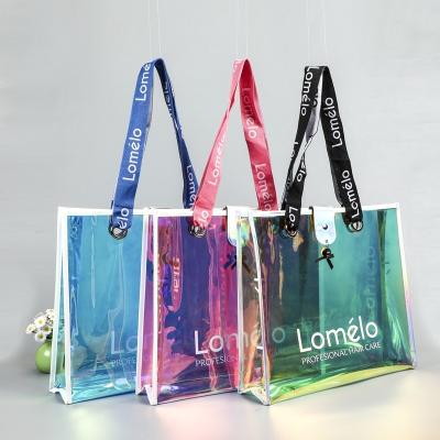 China sustainable recyclable Holographic Clear Tote Bag With Leather Handle Iridescent Bachelorette Beach Bag For Work Stadium Travel for sale