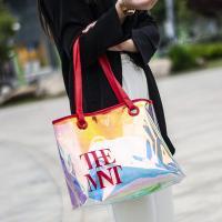 China Custom Digital Printing Trendy Transparent PVC Shoulder Handbag Durable Washable Holographic Women'S Tote Shopping Bag for sale