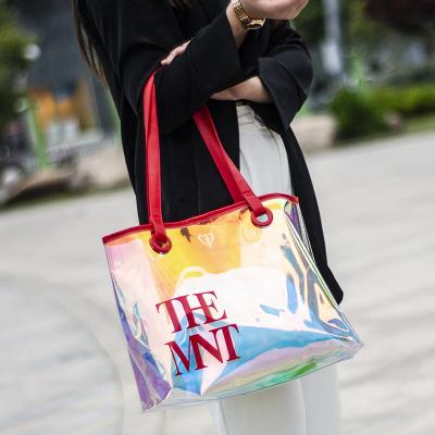 China Custom Digital Printing Trendy Transparent PVC Shoulder Handbag Durable Washable Holographic Women'S Tote Shopping Bag for sale