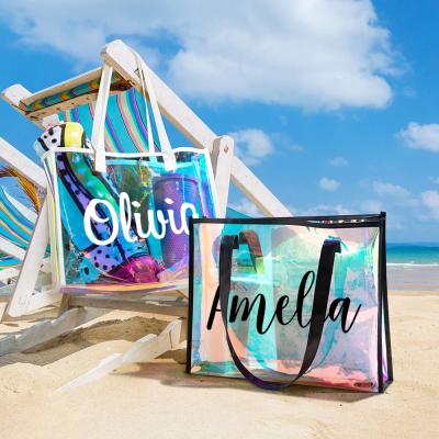 China Wholesale Custom Rainbow Color Laser Shopping Bag Holographic Iridescent Jelly Clear PVC Tote Bag Popular Fashion Beach Accept Shiny Reusable Hologram Clear Laser Transparent Pvc Tote Bag for sale