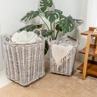 China Hand-Woven Rattan Nesting Wicker Storage Baskets W/ Wheels And Handles, Seagrass Container For Decoration In Bedroom, Laundry Room,White Wash/Kubu Gray for sale