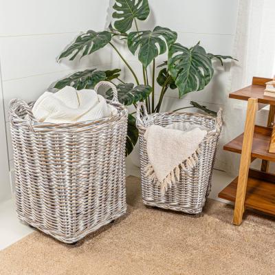 China Hand-Woven Rattan Nesting Wicker Storage Baskets W/ Wheels And Handles, Seagrass Container For Decoration In Bedroom, Laundry Room,White Wash/Kubu Gray for sale