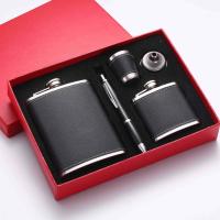 China Stainless Steel Flask Set W/Funnel Shot Glasses Lovely Gift For Whiskey Rum Groomsman Best Man Usher Wedding Camping-Leather Stripe Black8oz for sale