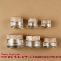 China Glass Jars With Lids Clear Small Jars With Plastic Woodgrain Lids, White Labels And Inner Liners Empty Round Cosmetic Containers For Creams Lotions Candle Making (Clear) for sale