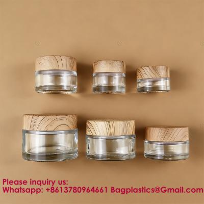 China Glass Jars With Lids Clear Small Jars With Plastic Woodgrain Lids, White Labels And Inner Liners Empty Round Cosmetic Containers For Creams Lotions Candle Making (Clear) for sale